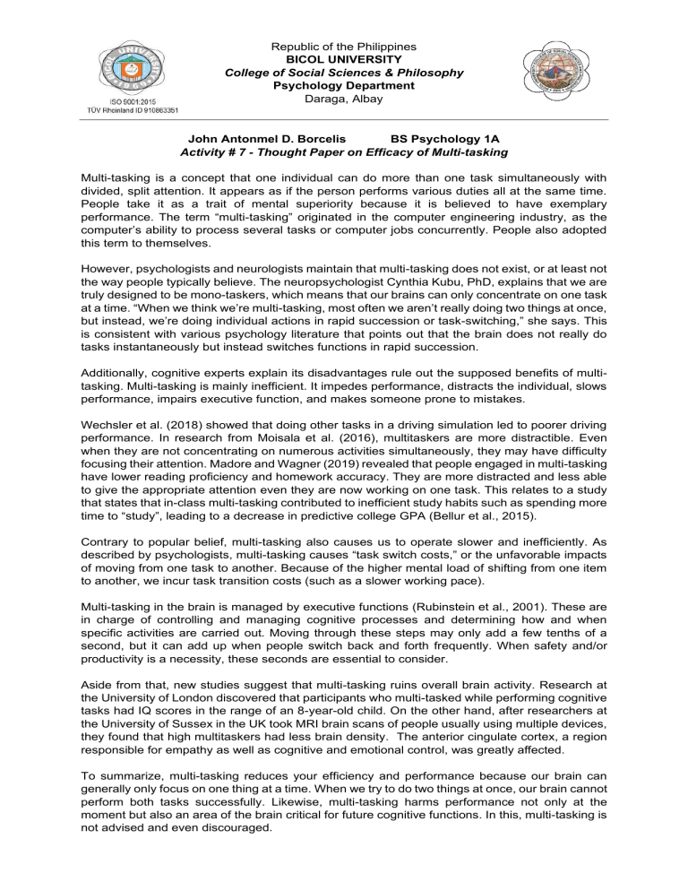 Efficacy of Multi-tasking: A Psychological Perspective & Brain Impact