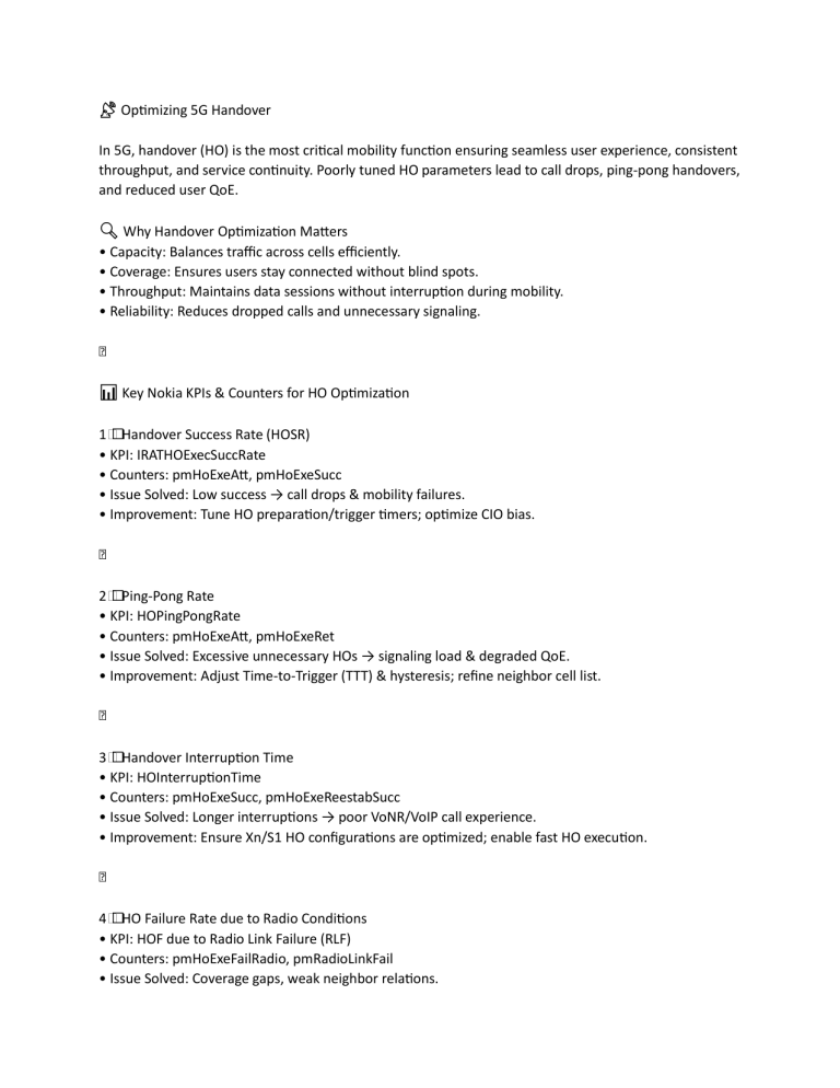 5G Handover & Retainability Optimization: Nokia KPIs & Solutions