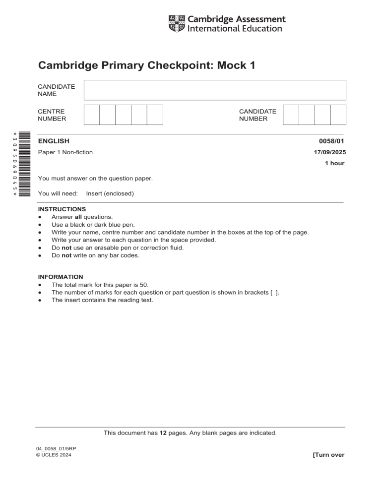 Cambridge Primary Checkpoint English Paper 1 Non-fiction Mock 1