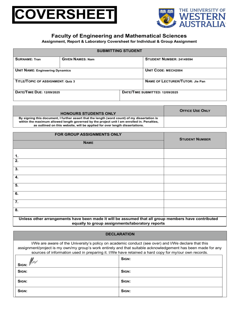 UWA Engineering Dynamics Assignment Coversheet & Academic Policy