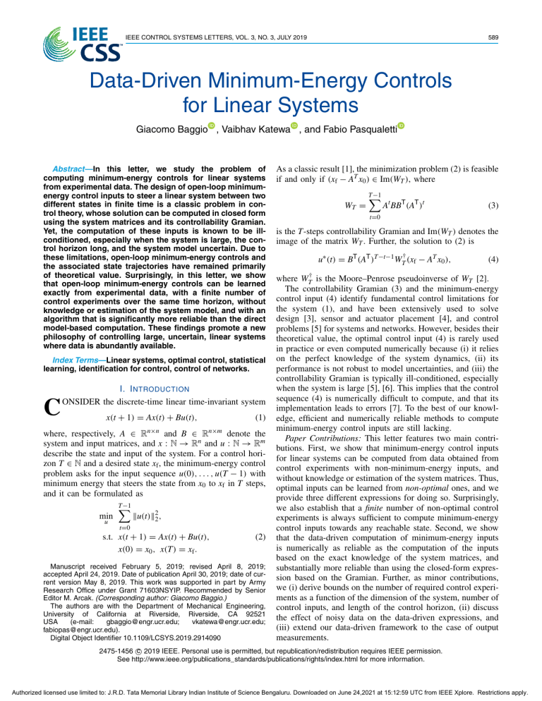 Data-Driven Minimum-Energy Controls for Linear Systems