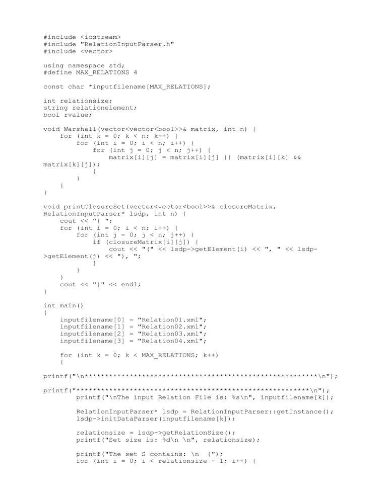 C++ Program: Relation Properties, Closures & Warshall's Algorithm