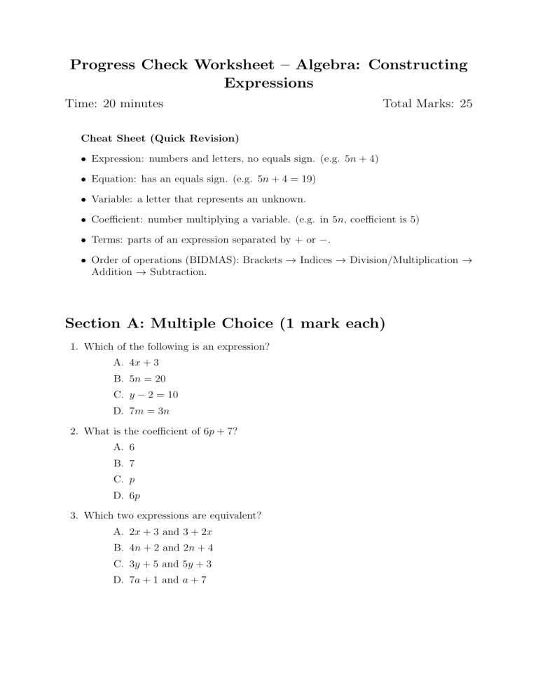 Algebra Worksheet: Constructing & Simplifying Expressions (Middle School)