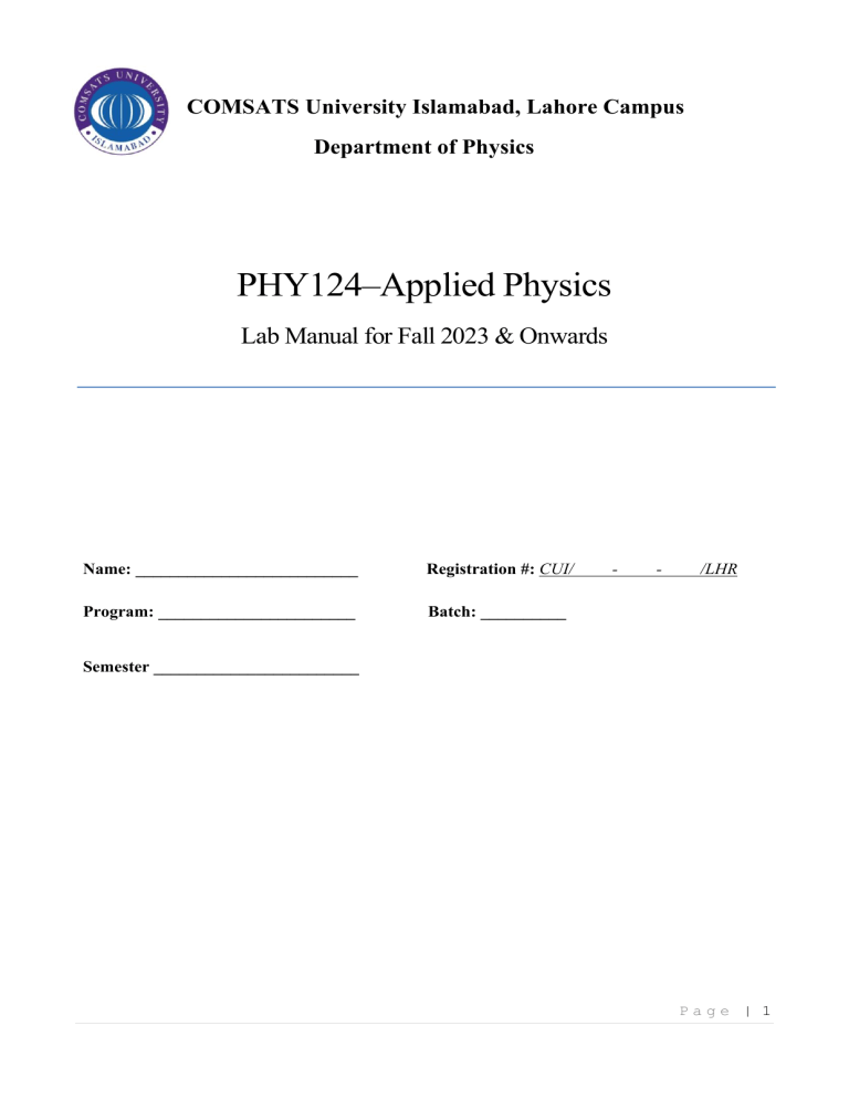 PHY124 Applied Physics Lab Manual - COMSATS University Lahore