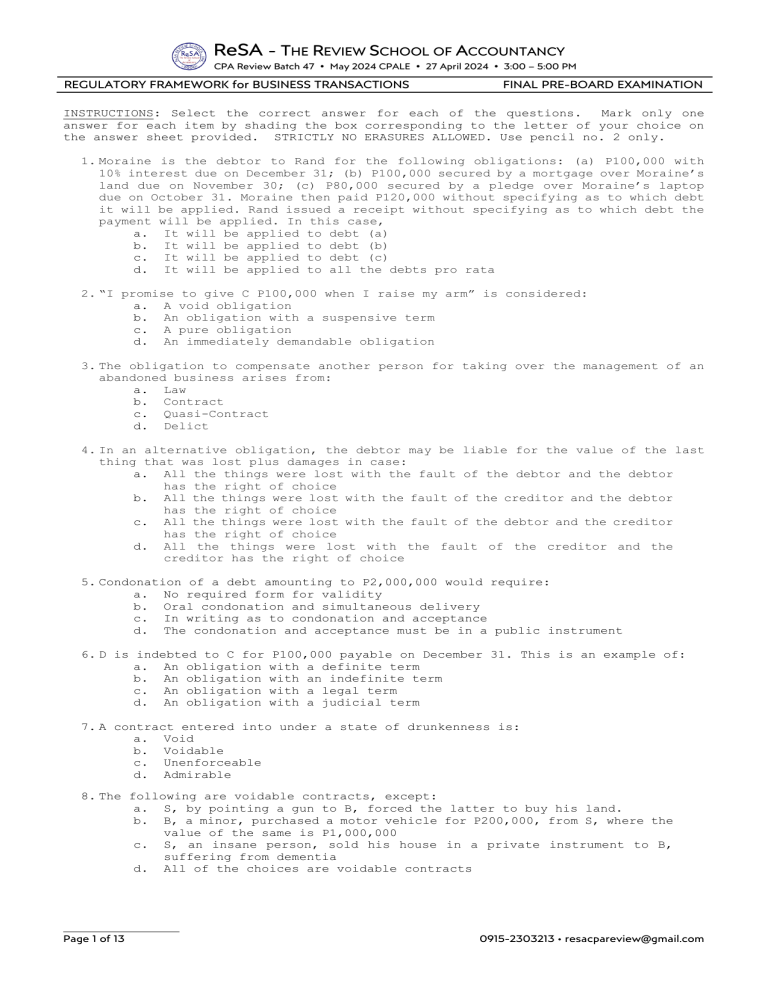 RFBT Final Pre-Board Exam - ReSA CPA Review May 2024