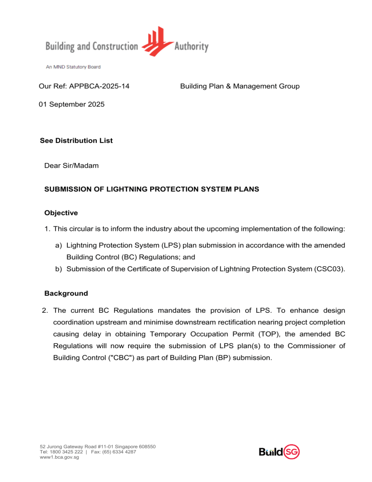 Singapore BCA Circular: Lightning Protection System (LPS) Plan Submission
