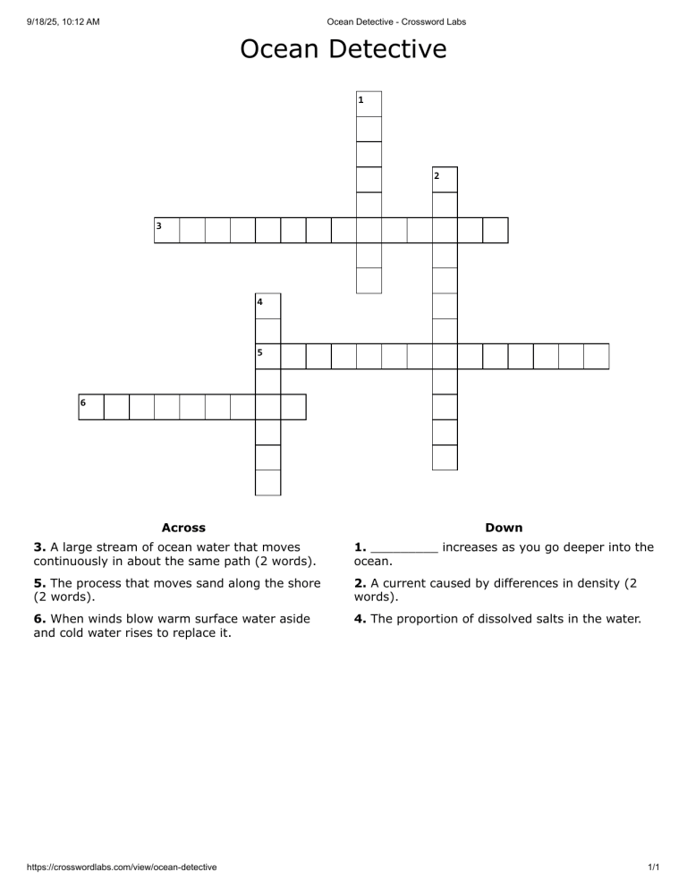 Ocean Detective Crossword Puzzle - Earth Science & Oceanography