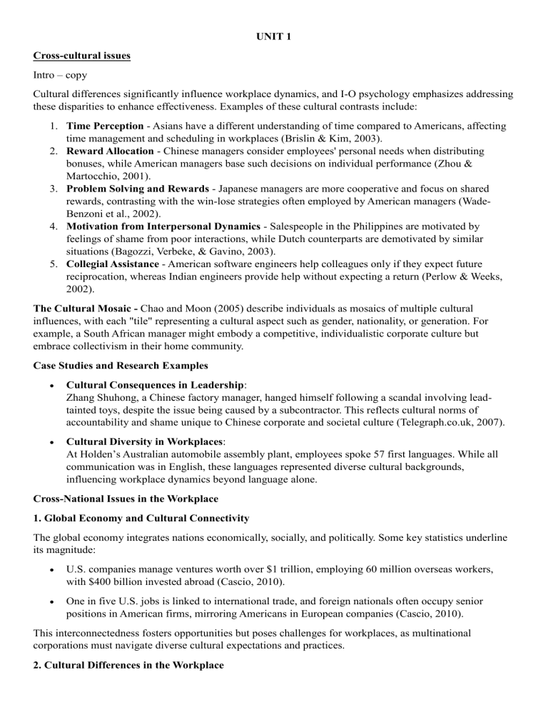 Cross-Cultural Issues in I-O Psychology: Workplace Dynamics & Hofstede