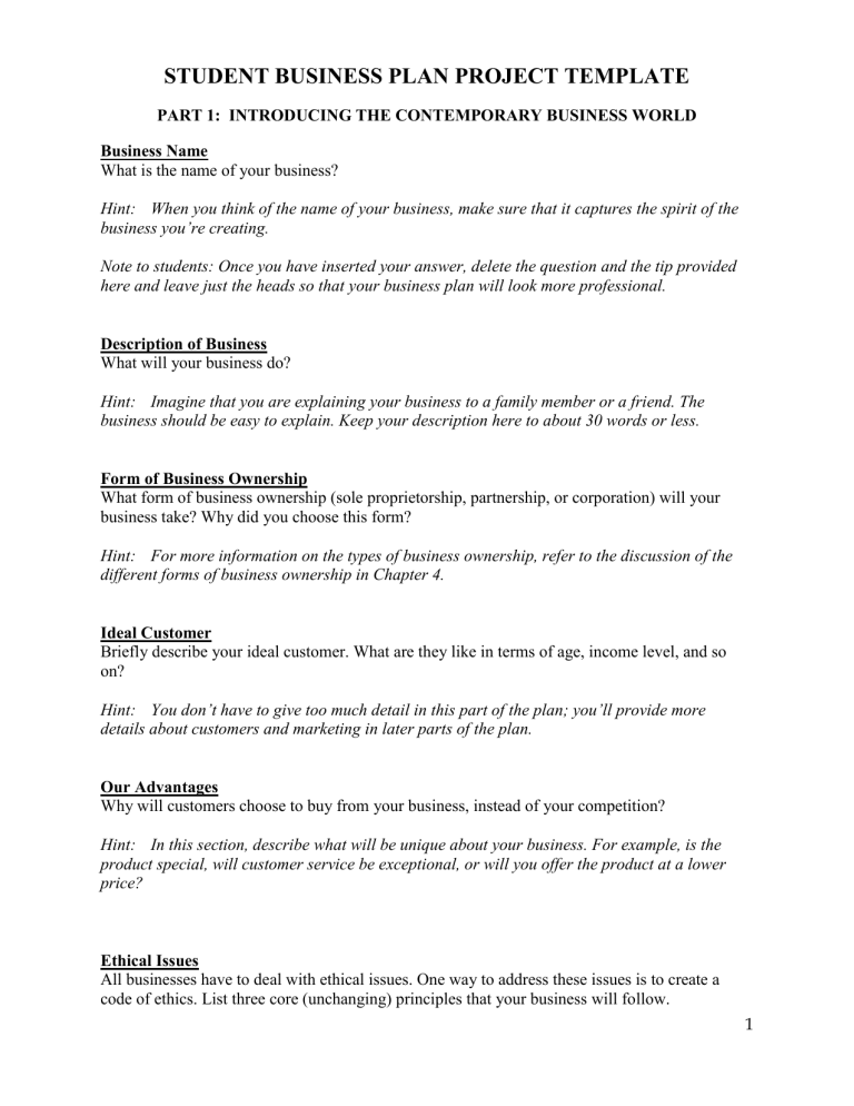 Student Business Plan Project Template - Business Essentials Guide