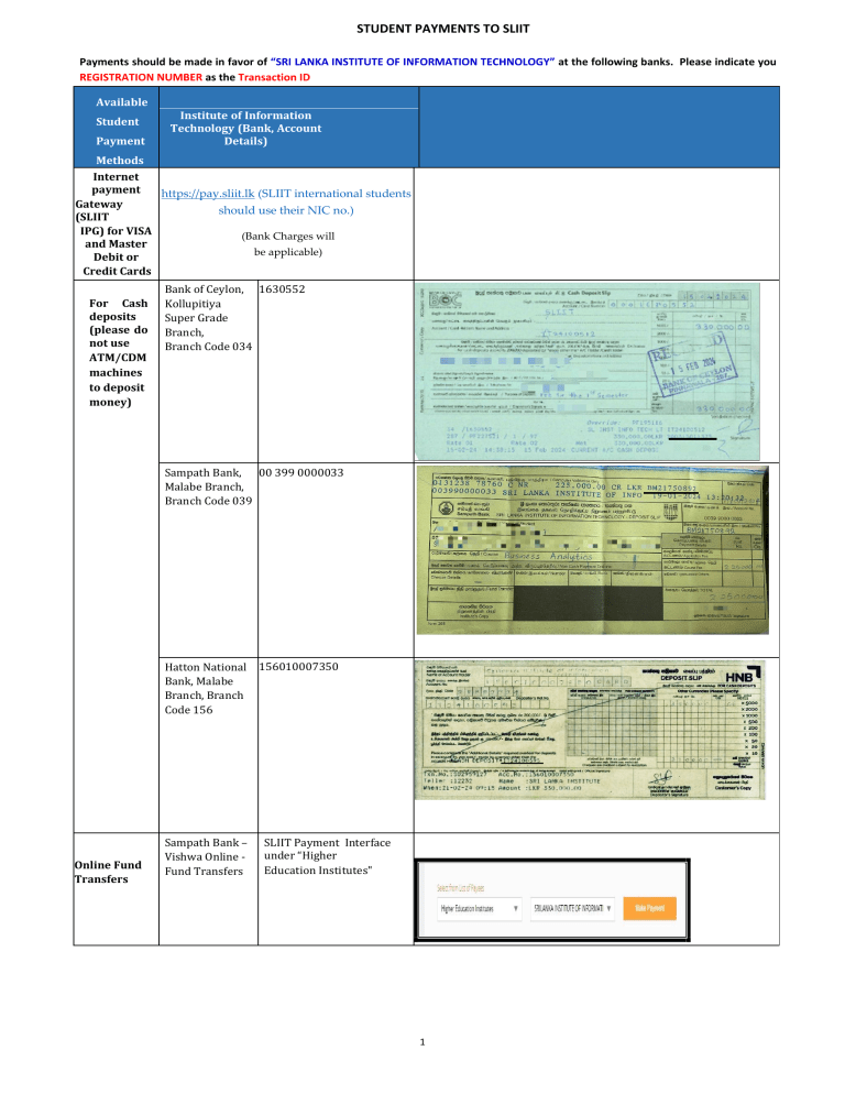 SLIIT Student Payment Guide: Banks & Methods