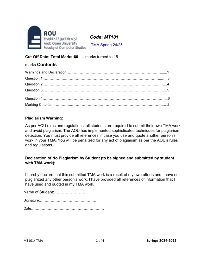 MT101 TMA Spring 24/25: Equations, Inequalities, Functions