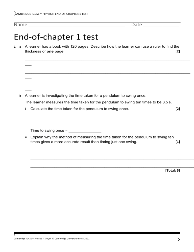 IGCSE Physics End-of-Chapter 1 Test: Measurement & Density