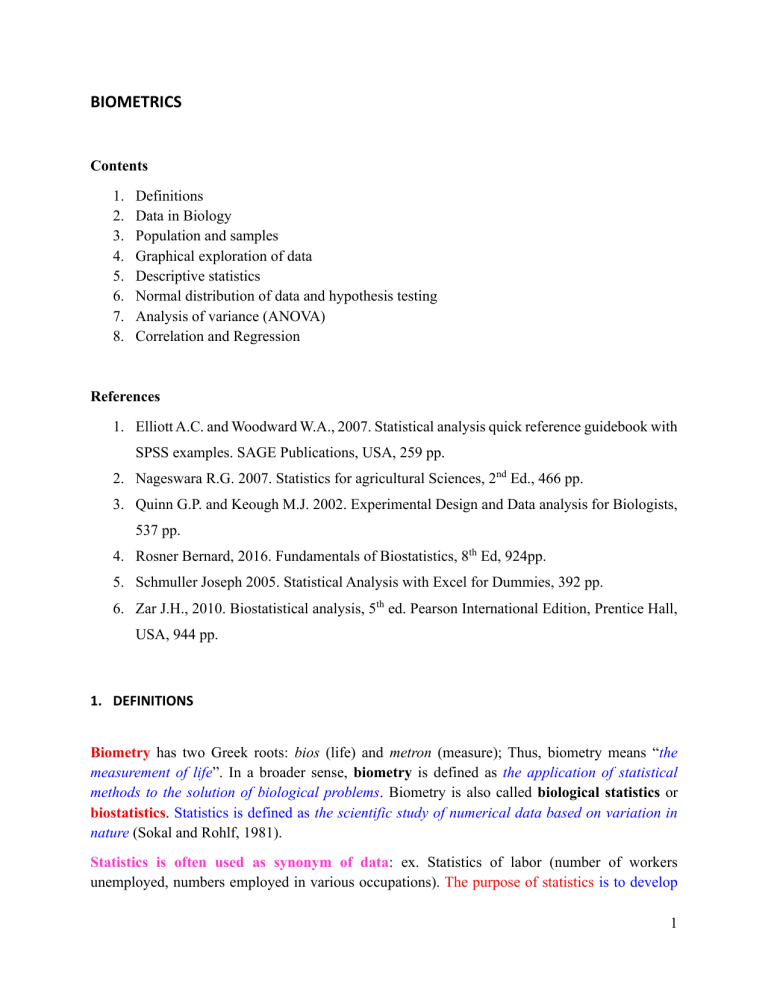 Biometrics: Definitions, Statistics, and Data Analysis