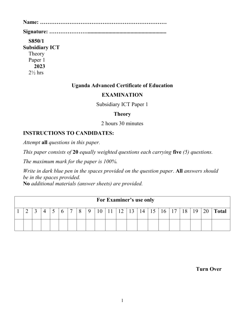 Subsidiary ICT Theory Exam Paper - Uganda A-Level