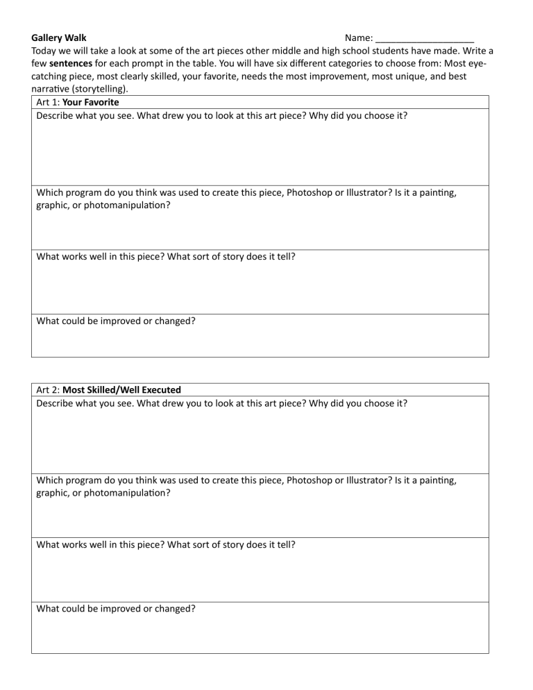 Art Critique Worksheet: Gallery Walk for Students