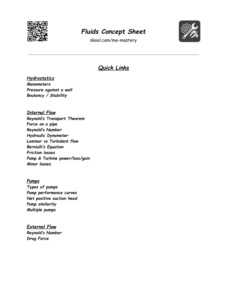 Fluids Concept Sheet: Hydrostatics, Flow, Pumps