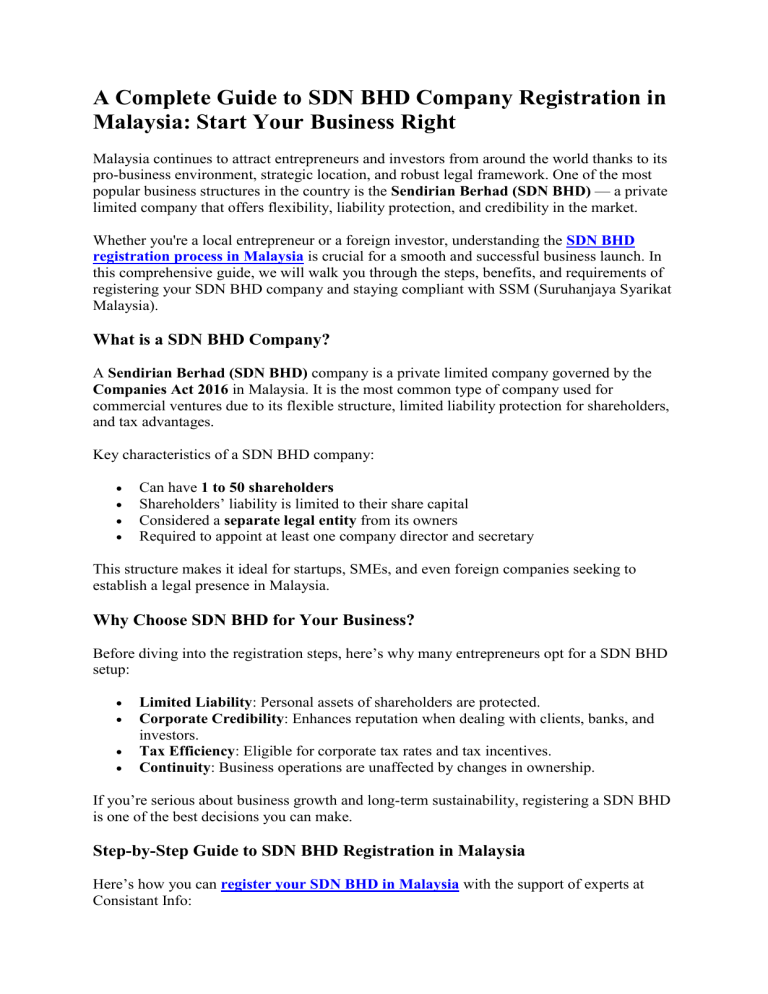 SDN BHD Company Registration Guide in Malaysia