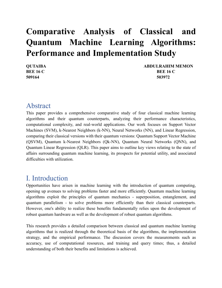 Classical vs. Quantum Machine Learning: A Performance Study