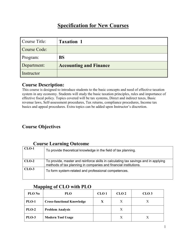 Taxation 1 Course Specification: Tax Systems & Compliance