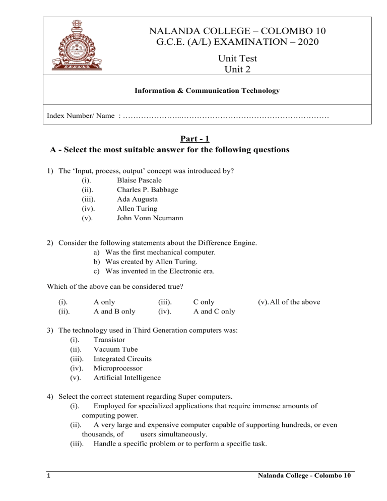 ICT Unit Test: Computer History & Components