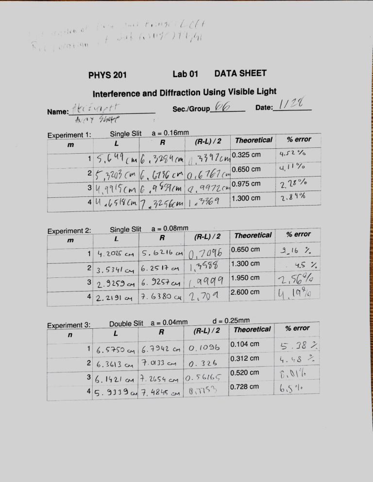 Interference & Diffraction Lab Datasheet - Physics 201