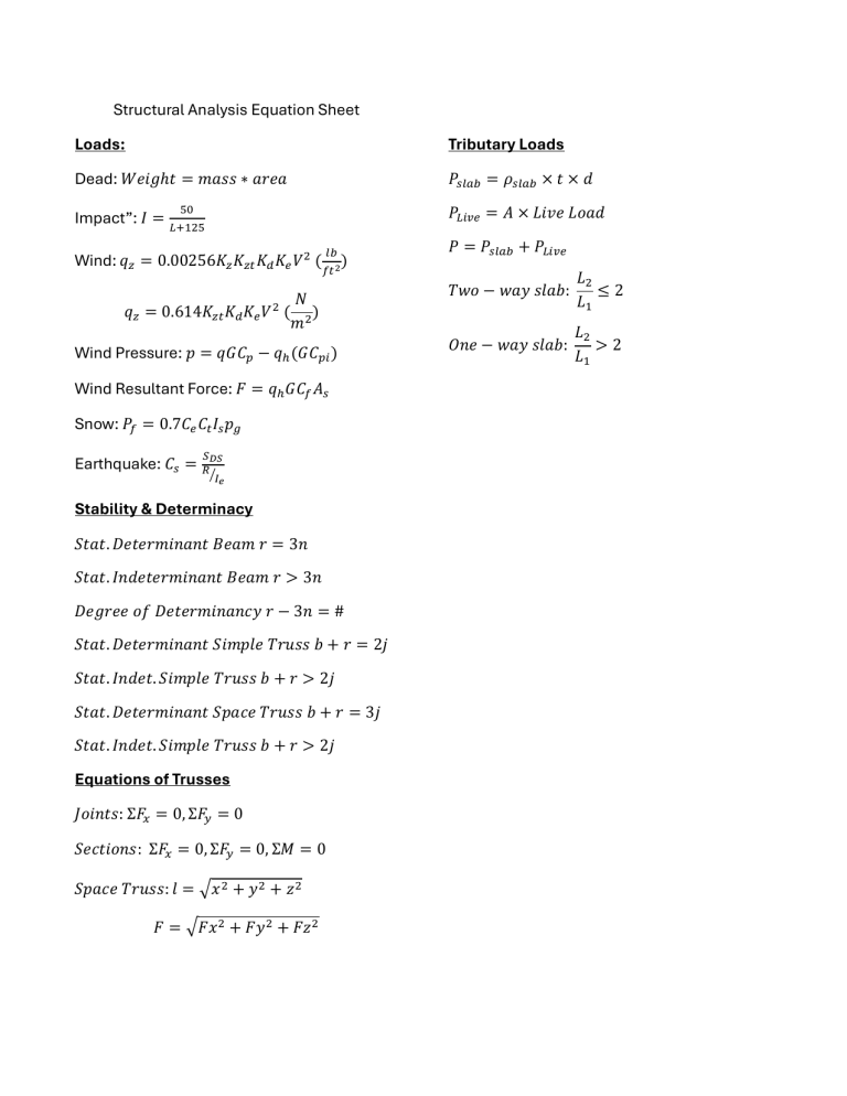 Structural Analysis Equation Sheet