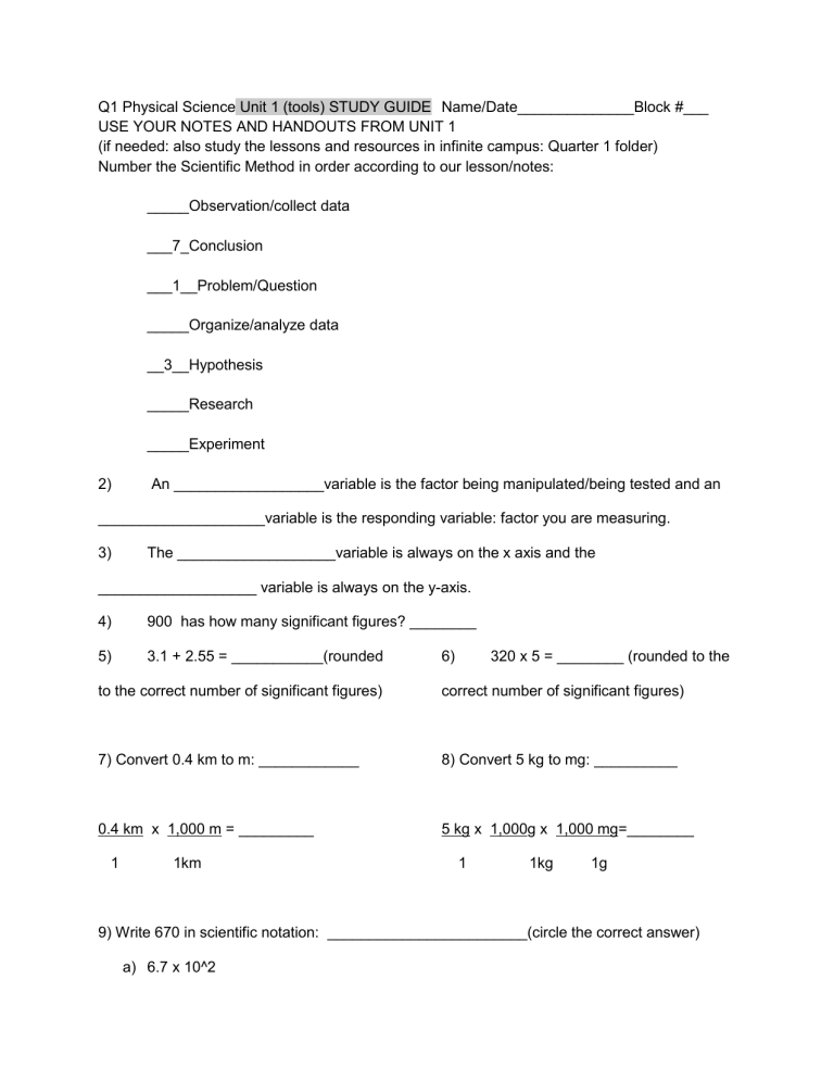 Physical Science Unit 1 Study Guide: Scientific Method & Measurement