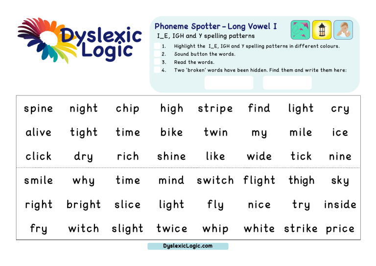 Long Vowel I Phonics Worksheet: I_E, IGH, Y Patterns