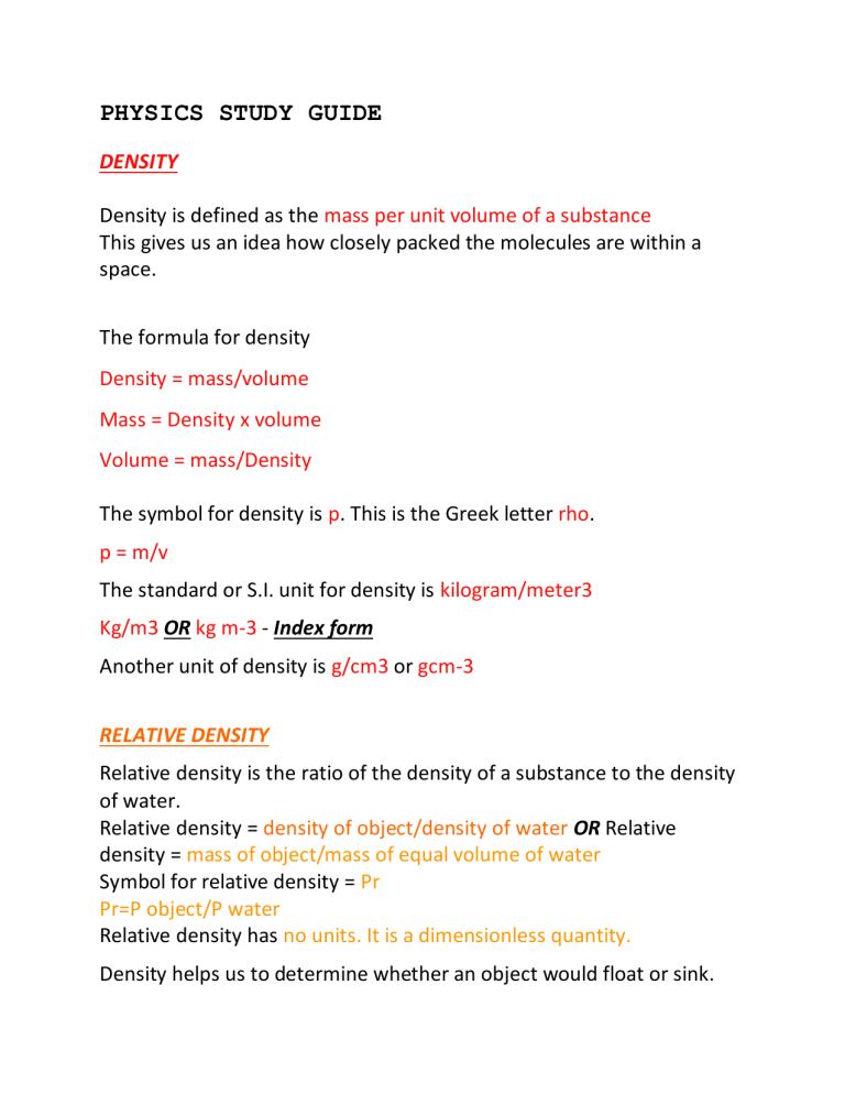Physics Study Guide: Density, Motion, Energy & More