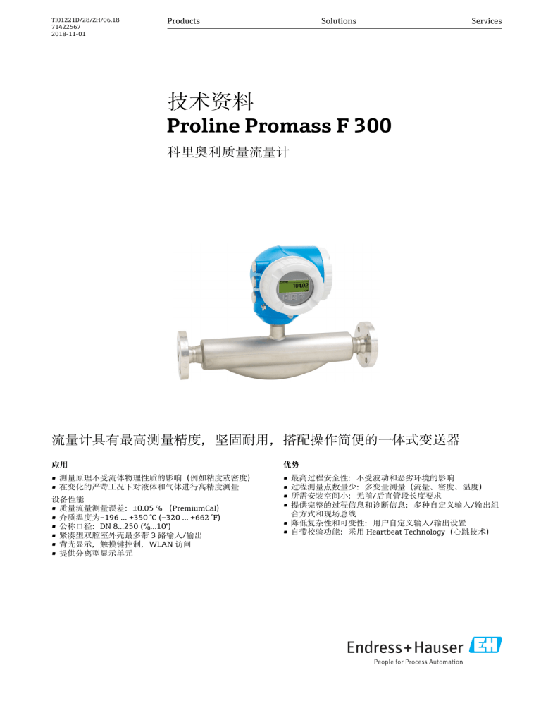 Proline Promass F 300 科里奥利流量计技术数据