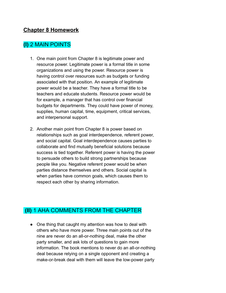 Chapter 8 Homework: Power Dynamics & Negotiation