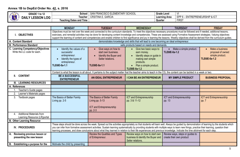 Grade 6 EPP Daily Lesson Log: Entrepreneurship & ICT (First Quarter)