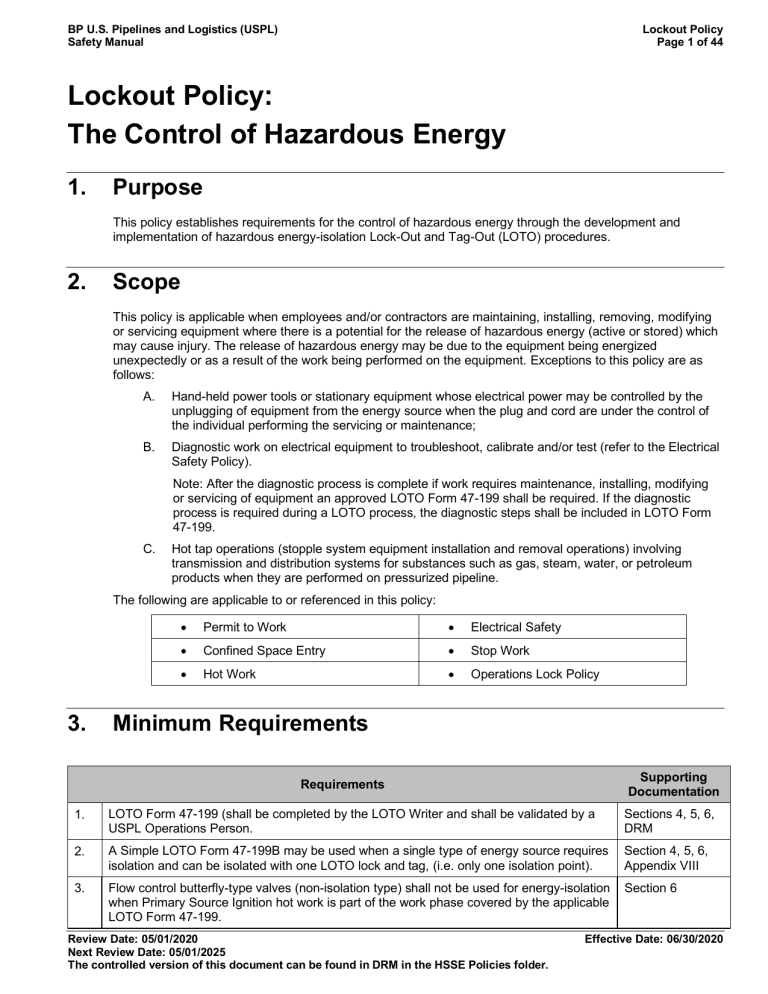 BP USPL Lockout Policy: Control of Hazardous Energy