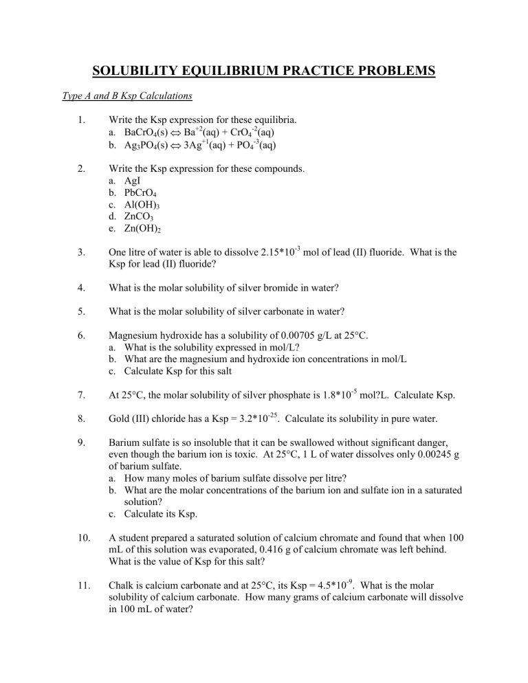 Solubility Equilibrium Practice Problems