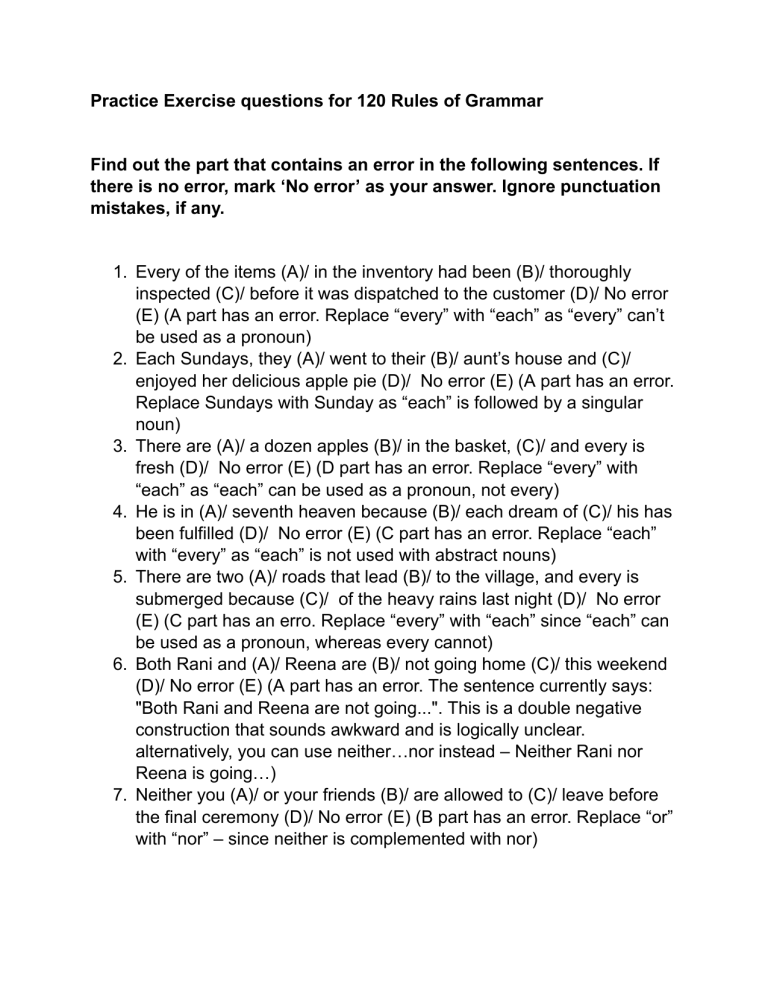 Grammar Practice: 120 Rules Exercise