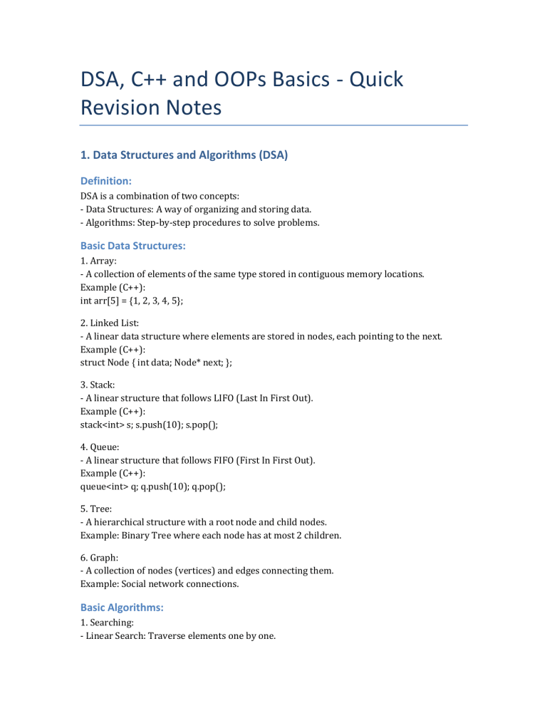 DSA, C++ & OOPs Basics: Quick Revision Notes for Data Structures ...