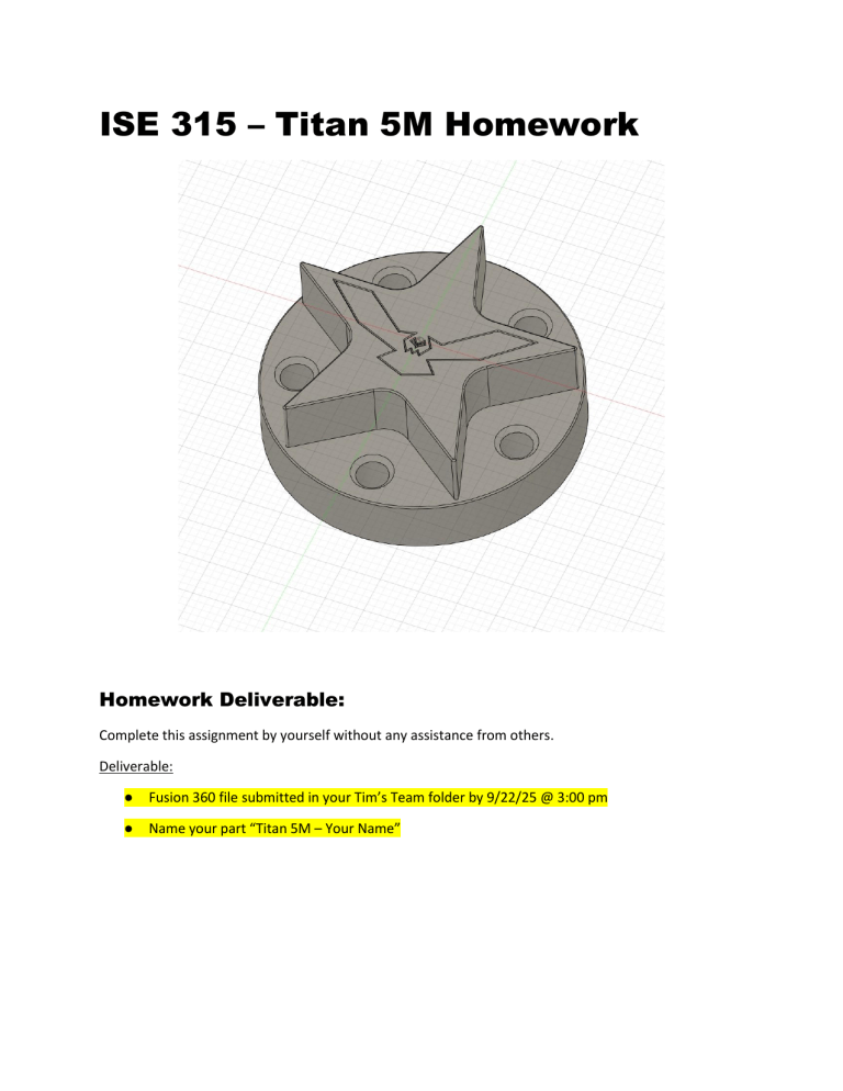 ISE 315 Titan 5M Homework: Fusion 360 CAM Manufacturing Assignment