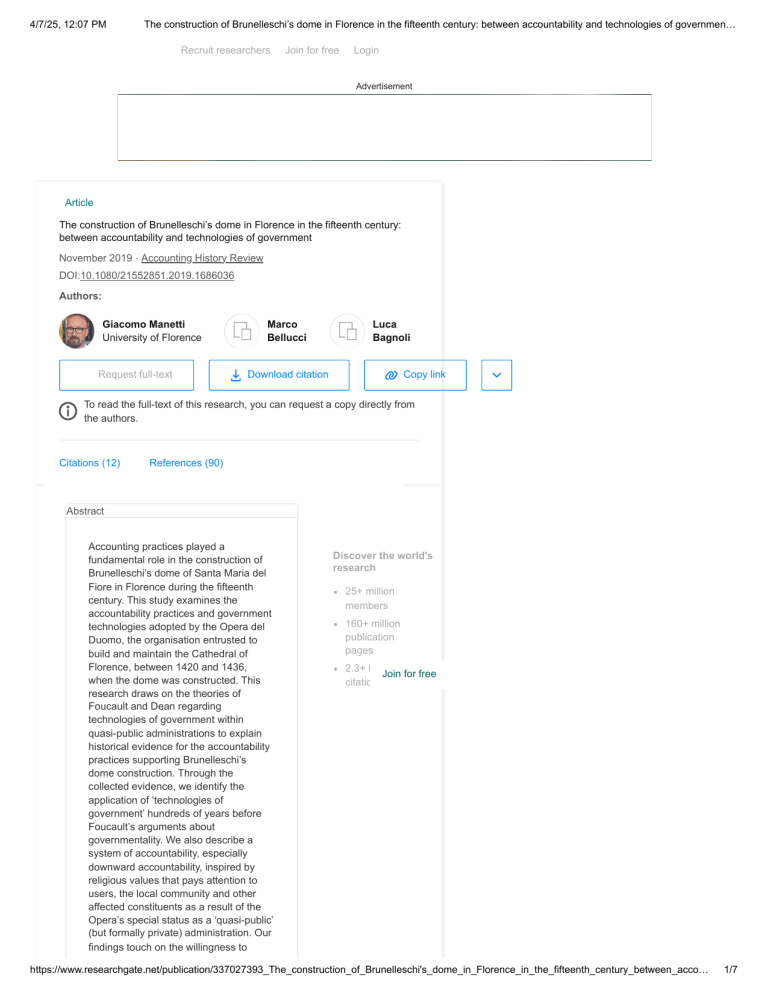 Brunelleschi's Dome: Accounting & Governance in 15th Century Florence