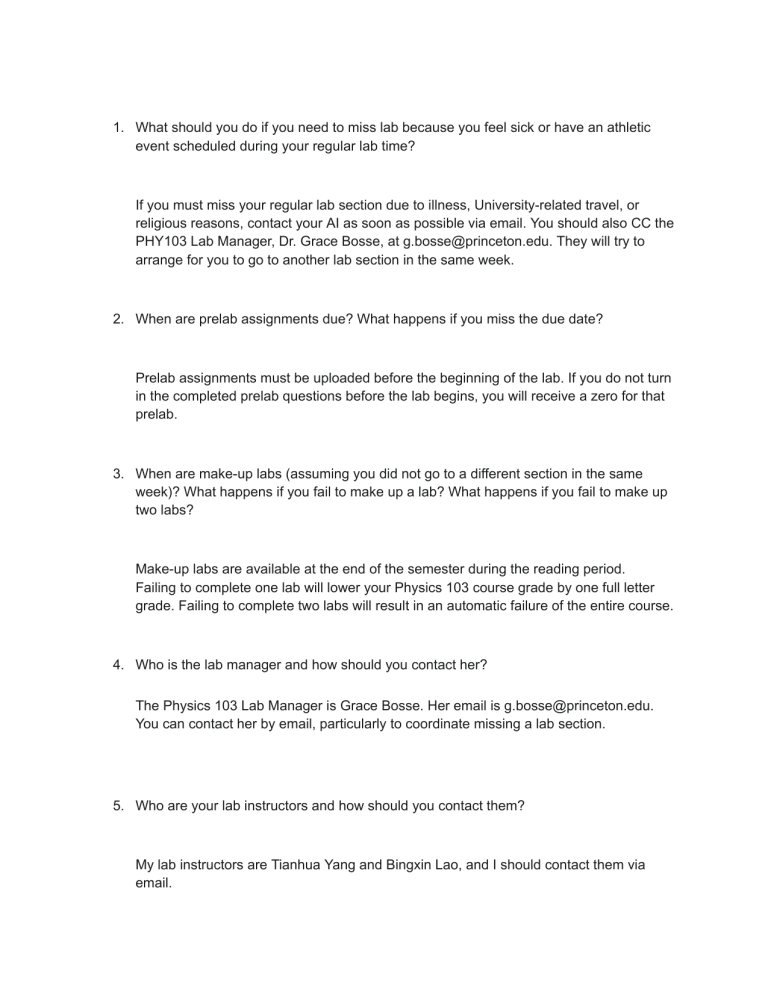 Physics 103 Lab Instructions: Policies & Contacts