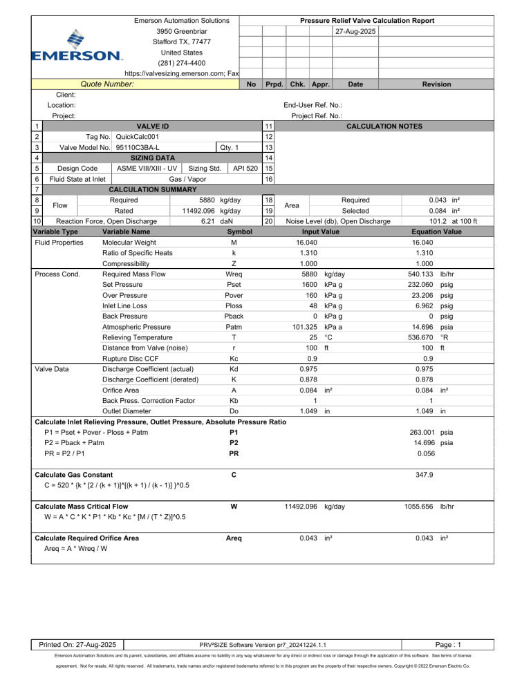 Pressure Relief Valve Calculation Report