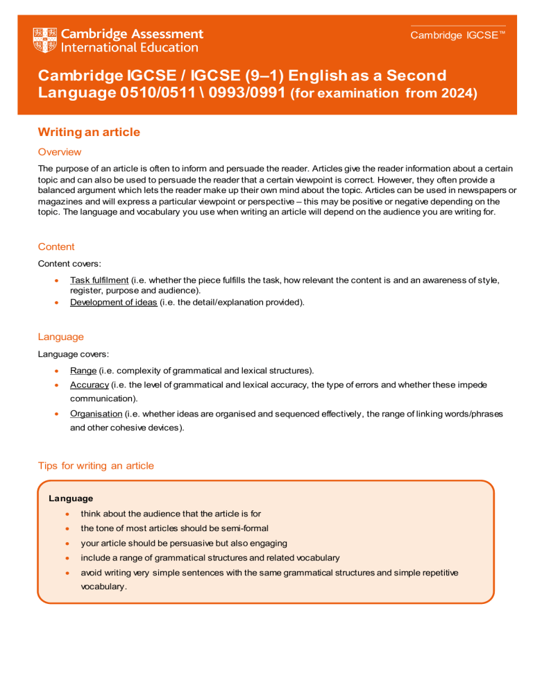 IGCSE English Article Writing Guide