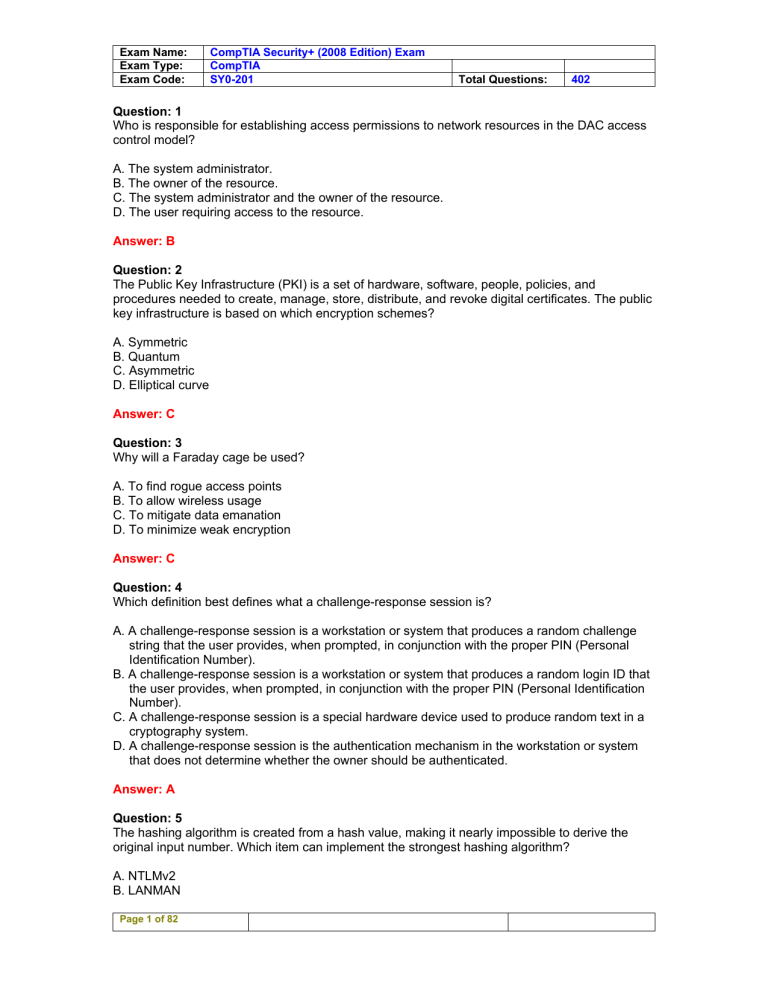 CompTIA Security+ (SY0-201) Exam Questions & Answers (2008 Edition)