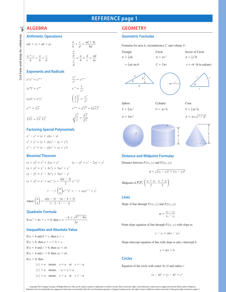 Algebra, Geometry, Trigonometry Formulas Reference Sheet | Cengage