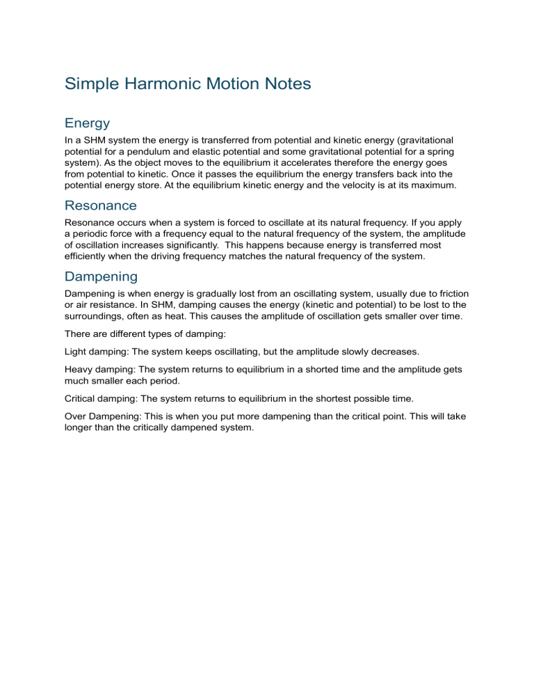 Simple Harmonic Motion Notes: Energy, Resonance, & Damping