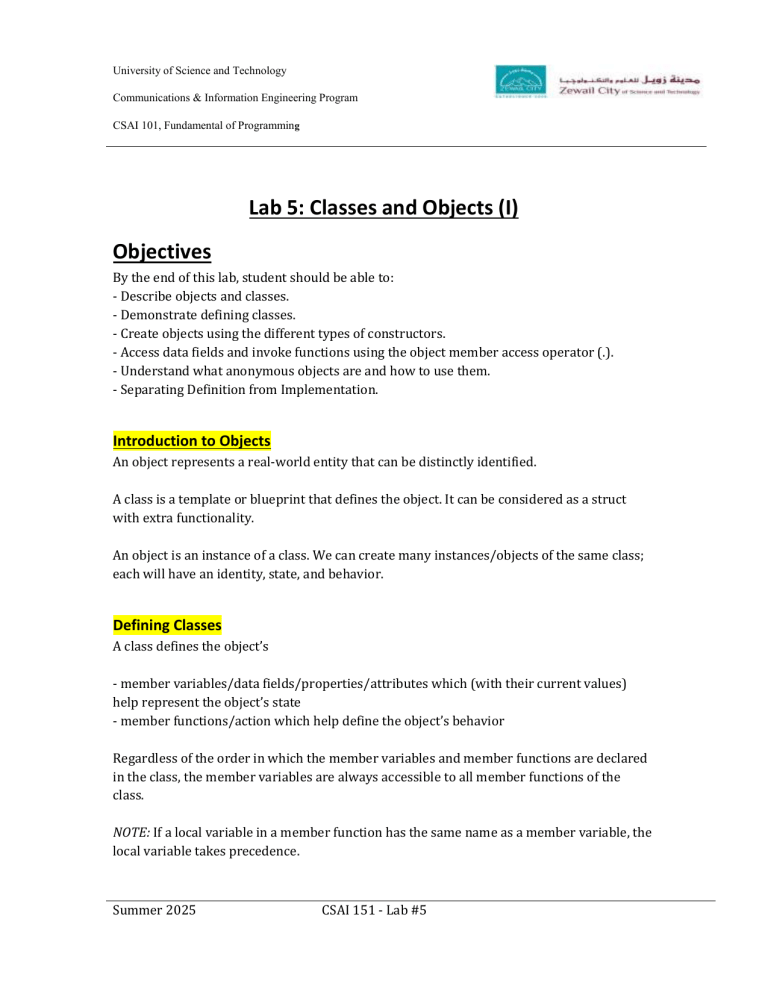 C++ Classes and Objects Lab Assignment