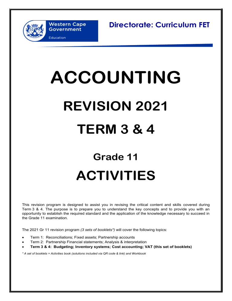 Grade 11 Accounting Revision 2021: Term 3 & 4 Activities & Tips