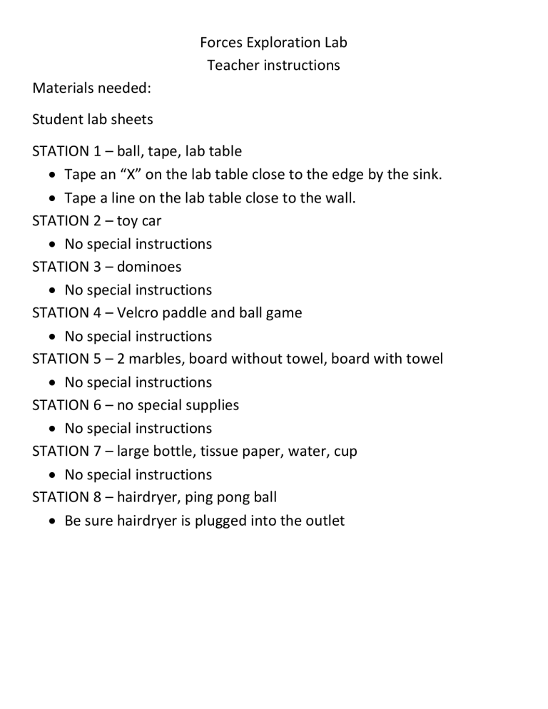 Forces Exploration Lab: Teacher Setup Instructions for Physics
