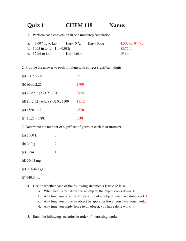 Chemistry Quiz: Conversions, Sig Figs, Heat, Work