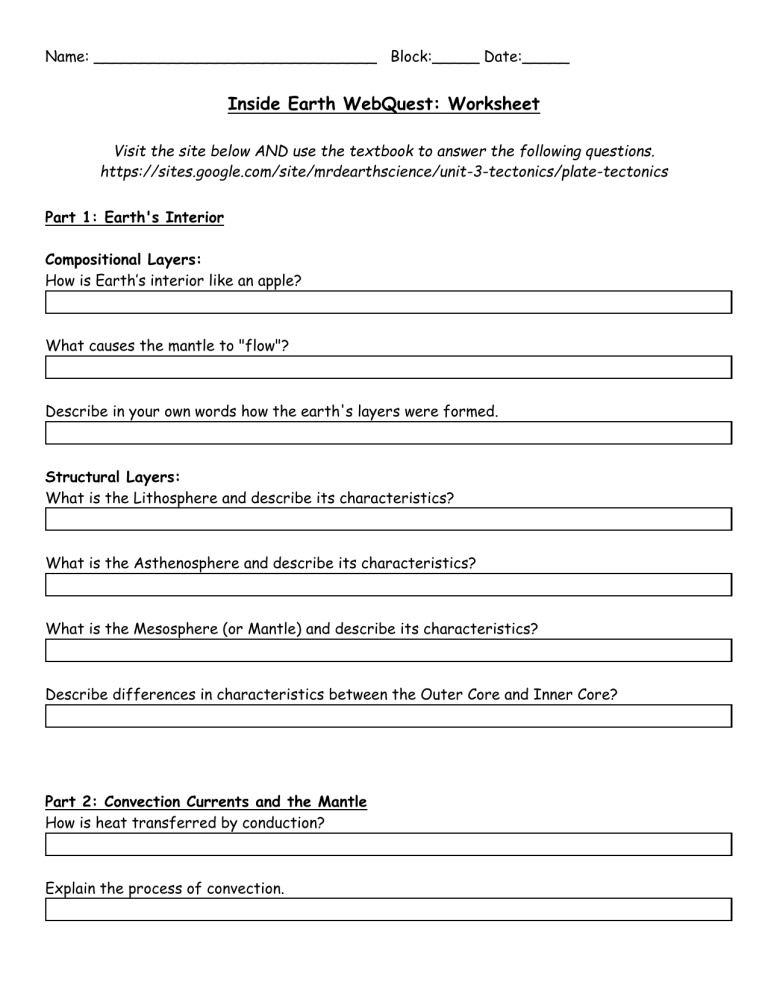 Inside Earth WebQuest Worksheet: Plate Tectonics & Earth's Interior