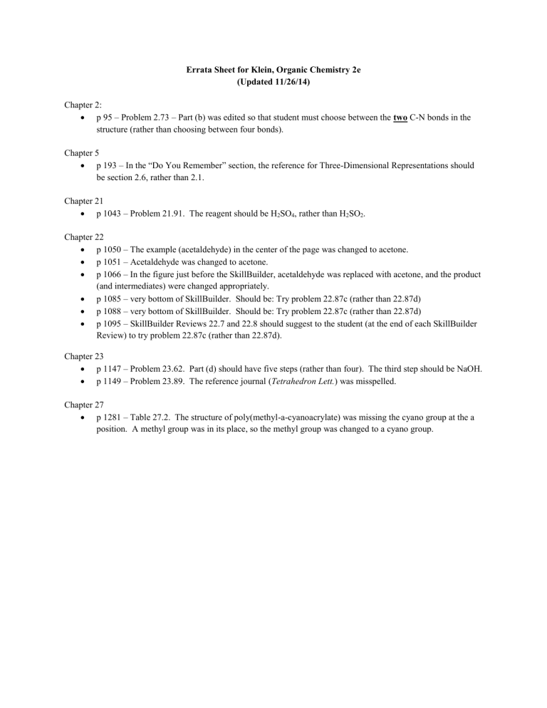 Errata Sheet for Klein, Organic Chemistry 2e (Updated 11/26/14)